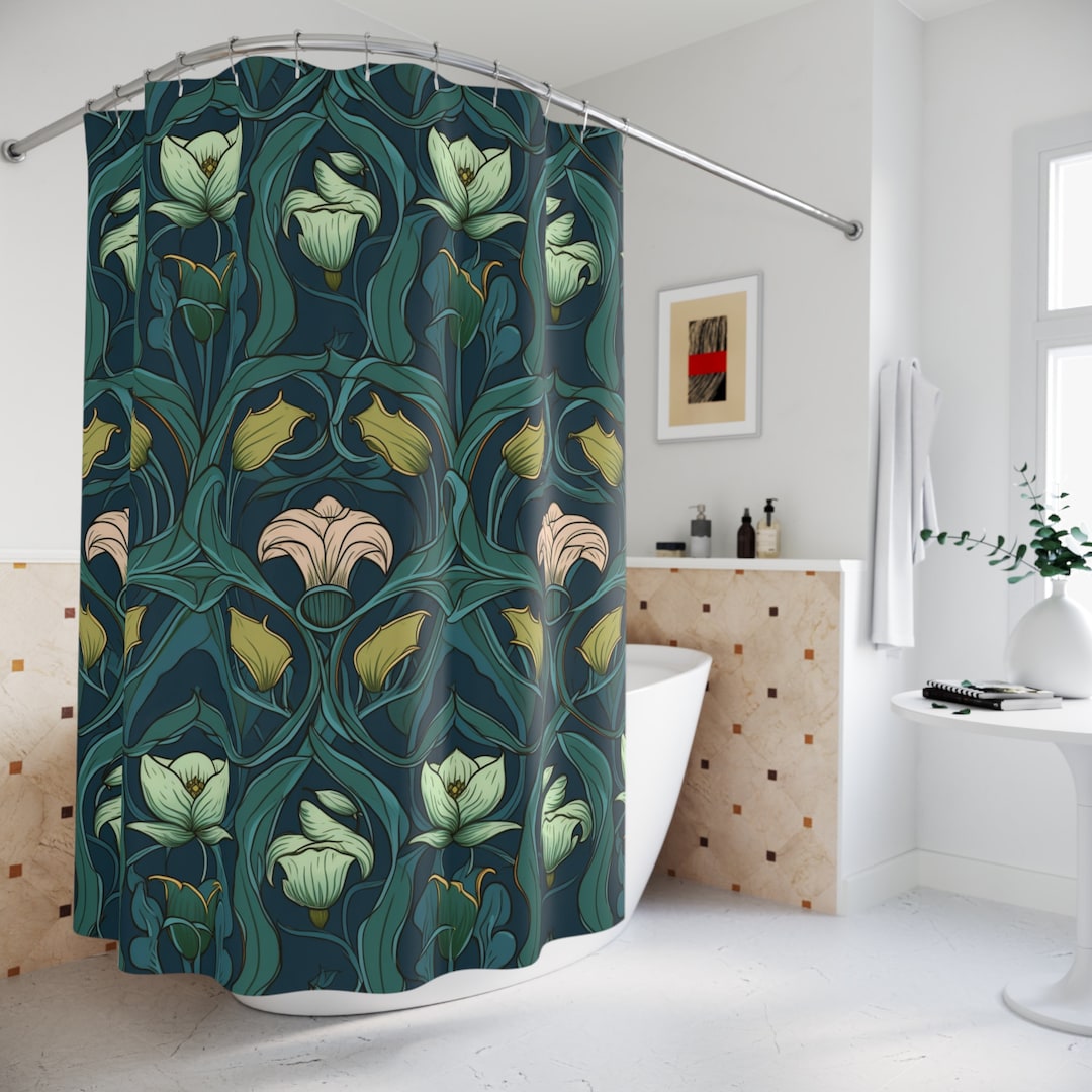 Art Nouveau Shower Curtain Vintage Bathroom Decor Emerald Green Shower ...