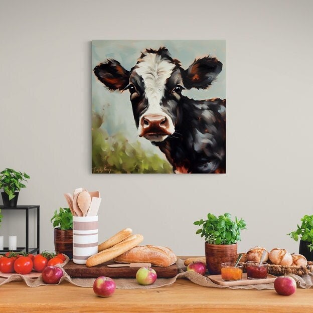 Hand-painted Cow Print on Canvas Cow Painting Print Art Farmhouse Home ...