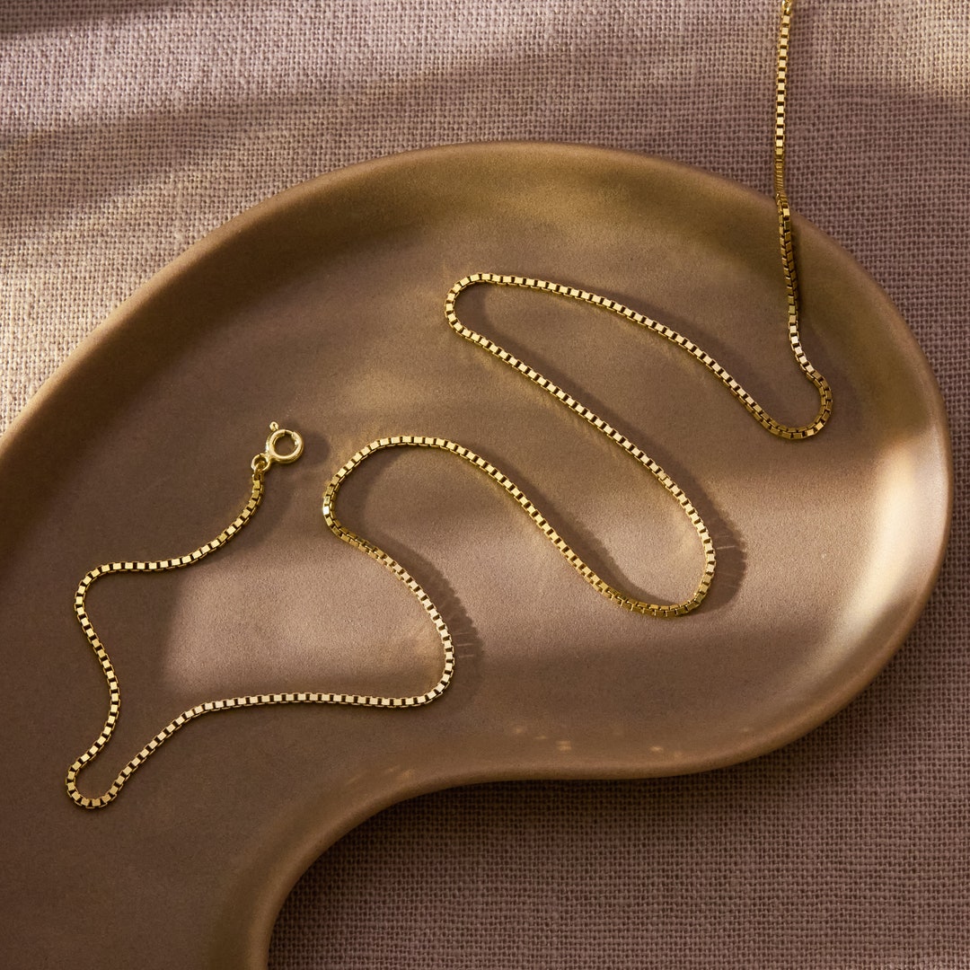 14k Gold Box Chain Necklace, Dainty Box Chain Necklace, 925k Sterling ...