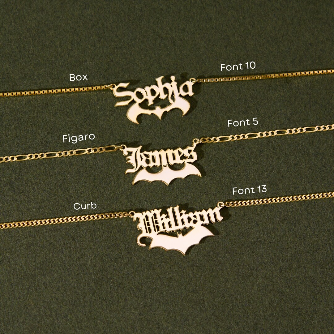 14k Gold Bat Name Necklace, Custom Gothic Name Necklace, Gothic Name ...