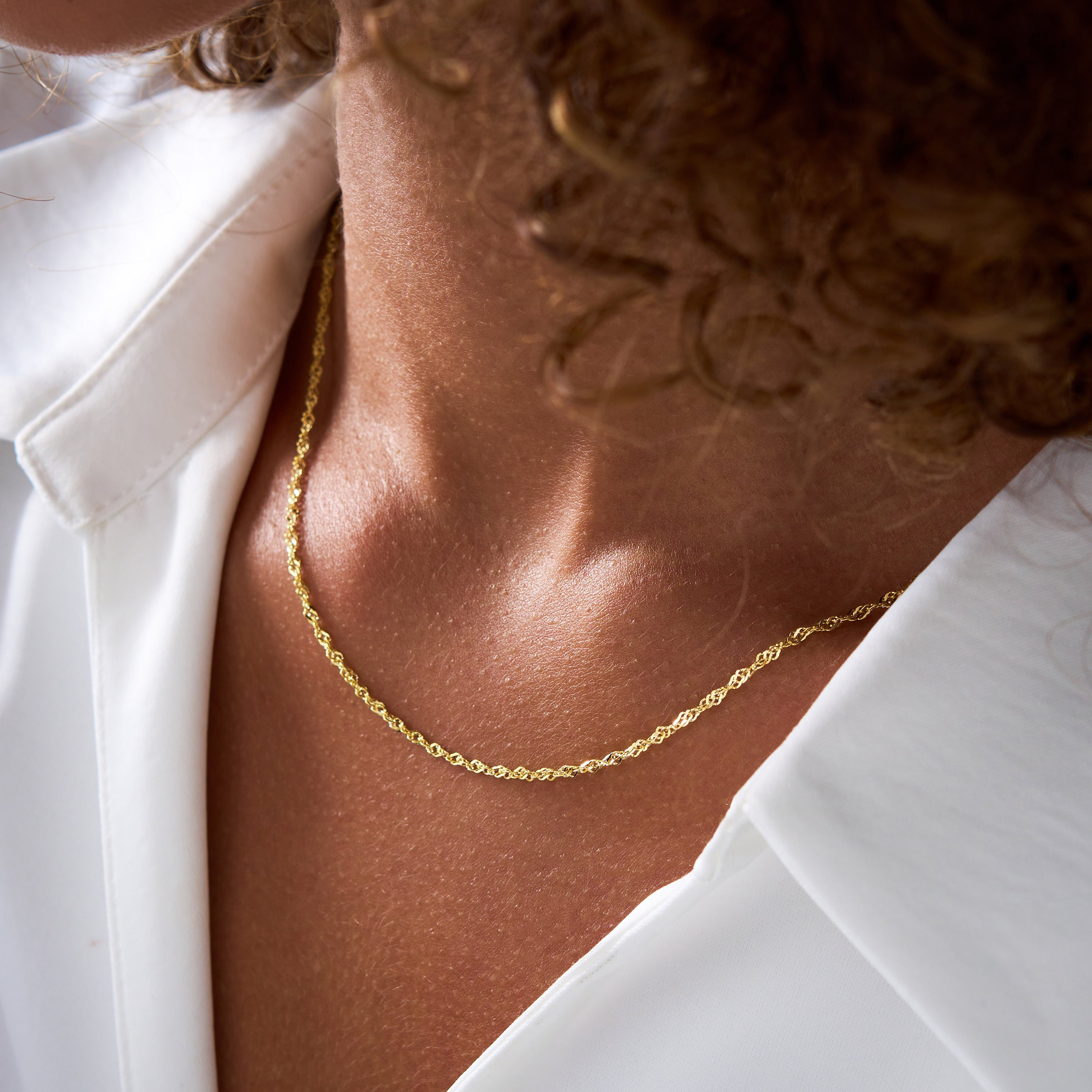 14K Gold Twist Chain Necklace, Twisted Singapore Necklace, Thin Rope ...