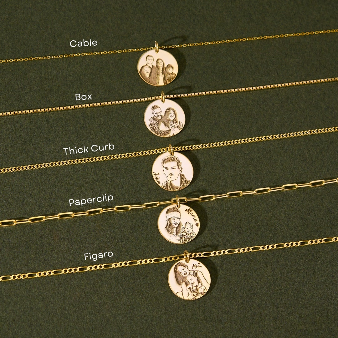 14k Gold Engraving Photo Necklace, Pet Portrait Necklace, Custom Family ...