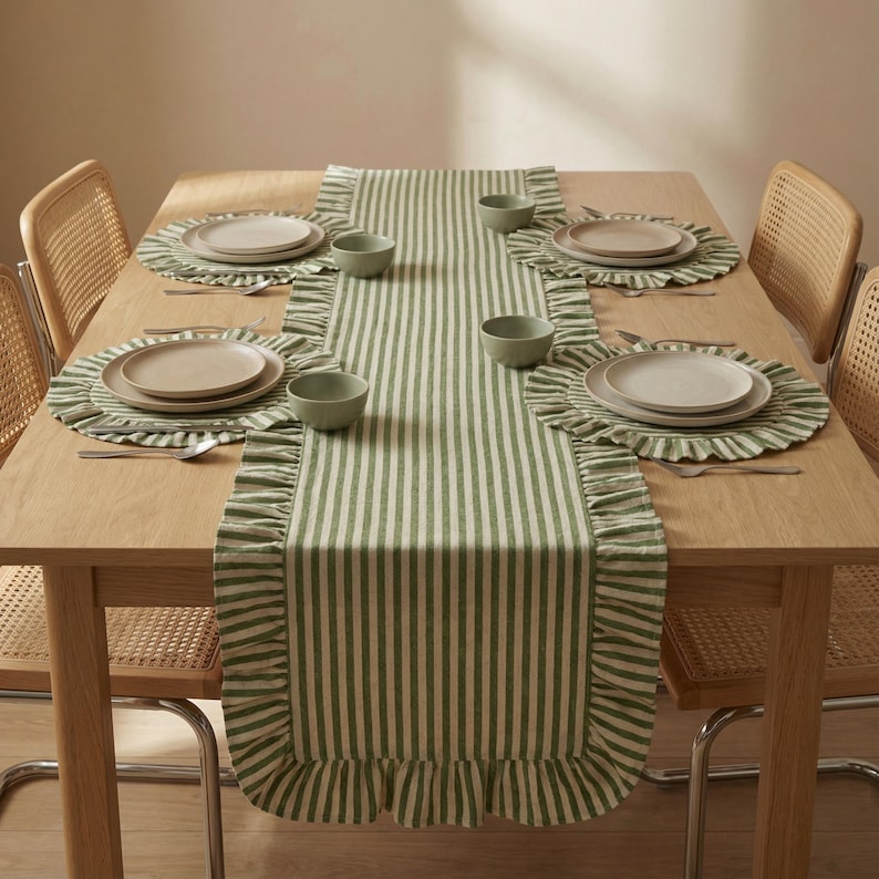 Green Striped Ruffle Table Runner, Custom Table Runner, French Linen ...