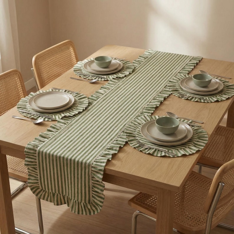 Green Striped Ruffle Table Runner, Custom Table Runner, French Linen ...