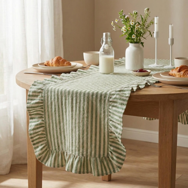 Green Striped Ruffle Table Runner, Custom Table Runner, French Linen ...