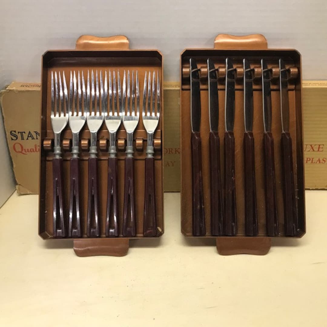 Vintage Stanley Home Products Deluxe Steak Knives & Forks in Plastic ...