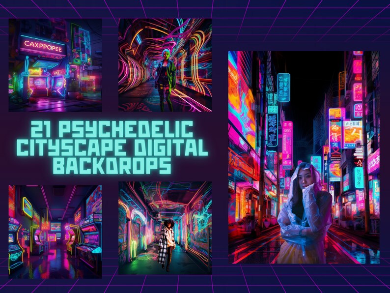 Cyberpunk Digital Backgrounds 21 Psychedelic Cityscape Digital Backdrops Digital Download ...