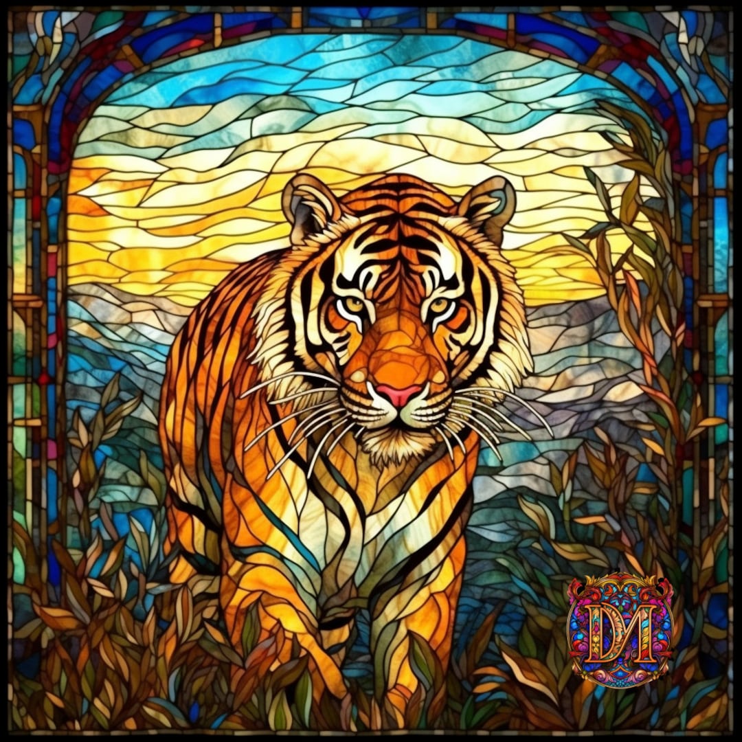 Digital Art Print: Tiger on Stained Glass, Instant Downloadable JPG ...