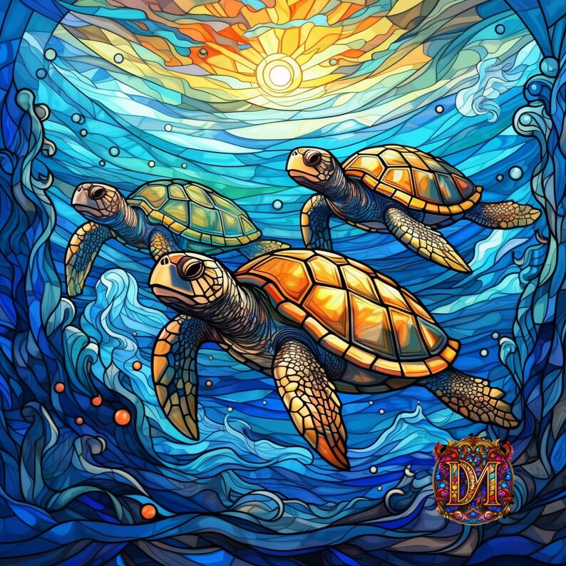 Digital Art Print: Turtles on Stained Glass, Instant Downloadable JPG ...