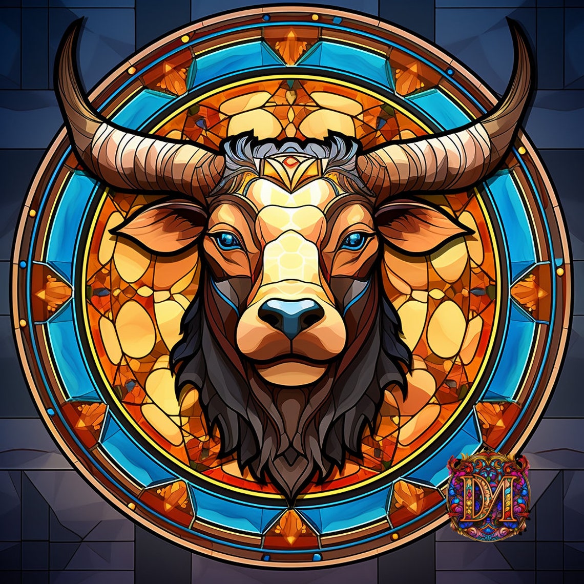 Digital Art Print: Zodiac Sign Taurus on Stained Glass, Instant ...