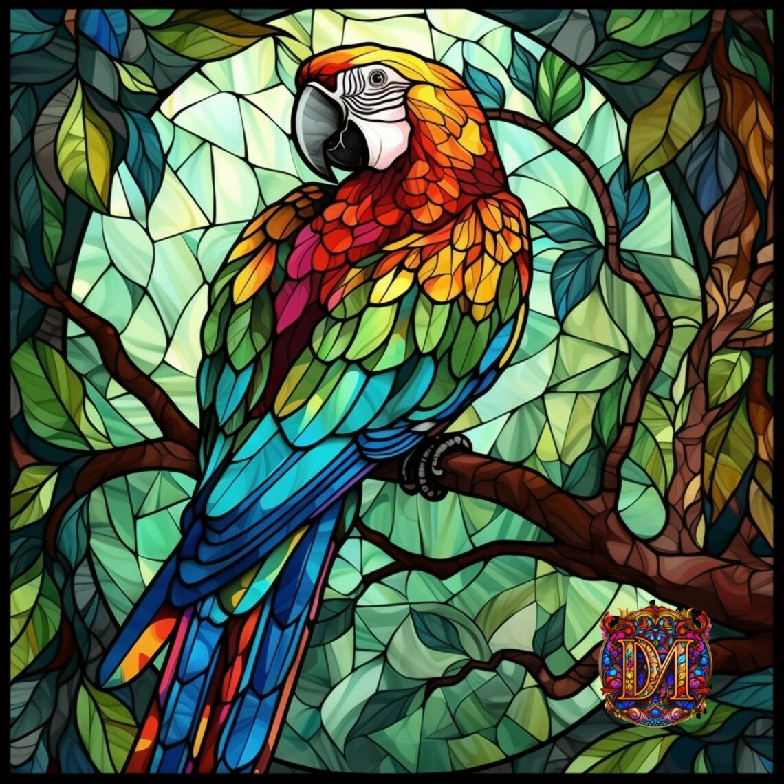 Digital Art Print: Parrot on Stained Glass, Instant Downloadable JPG ...