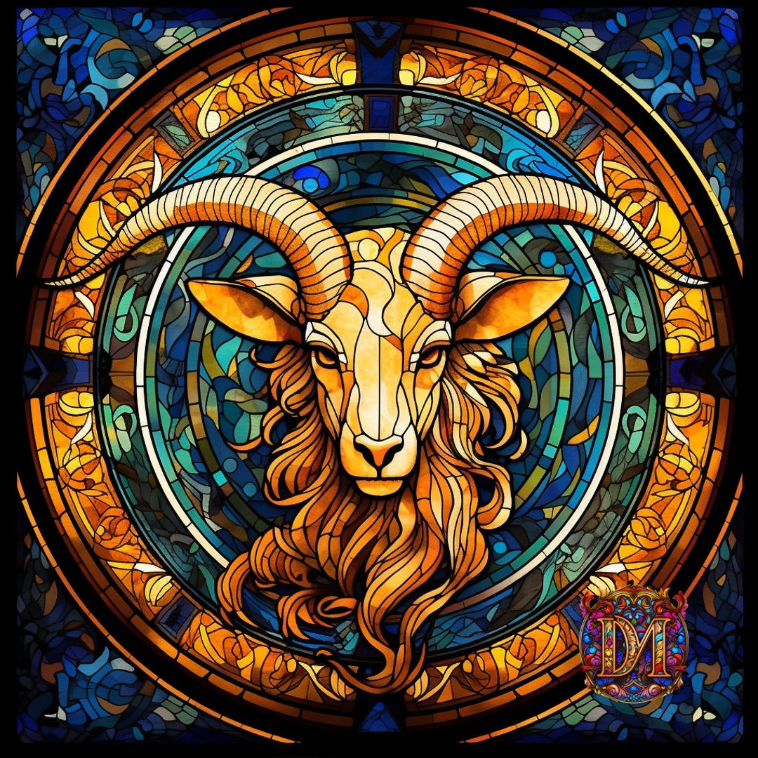 Digital Art Print: Zodiac Sign Capricorn on Stained Glass, Instant ...