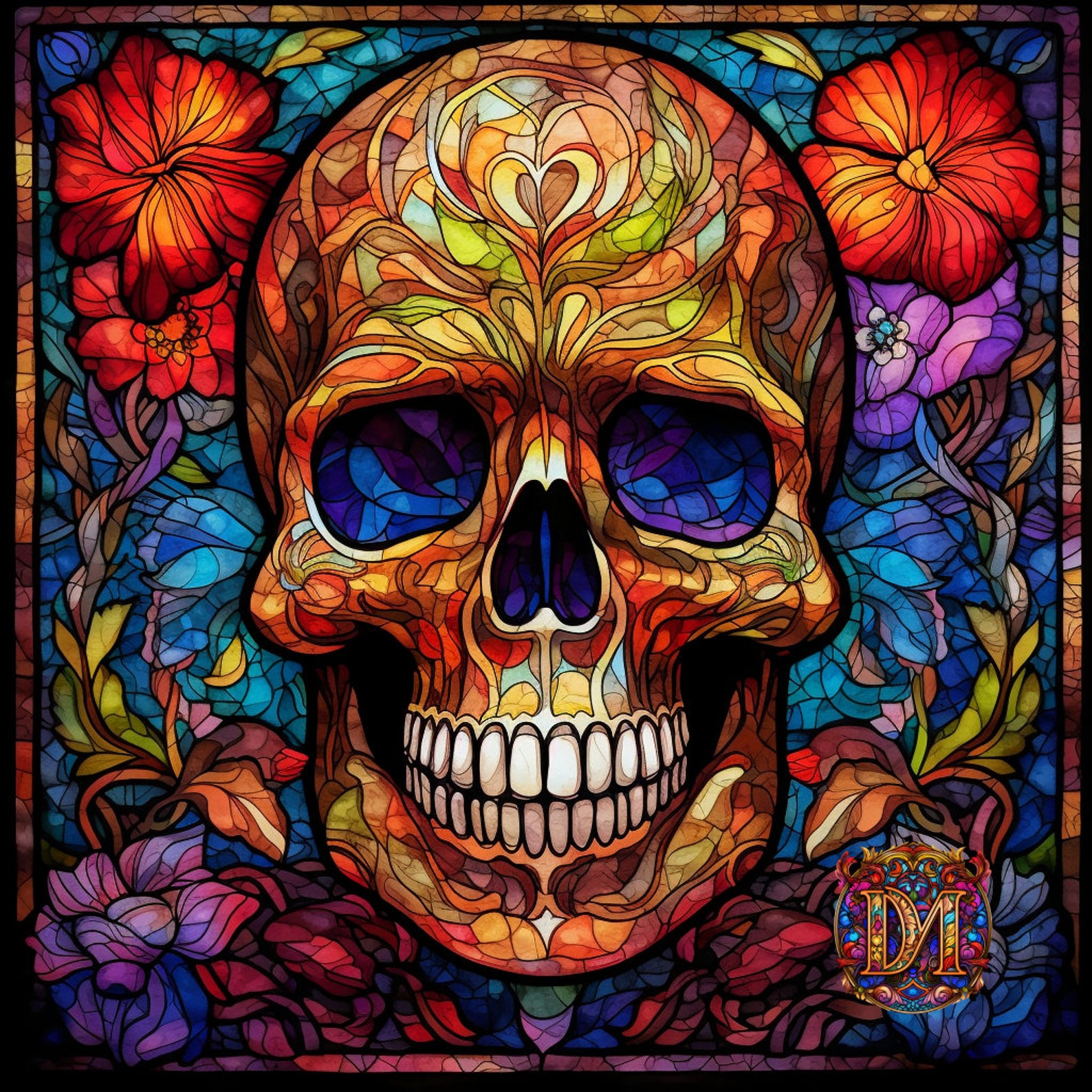 Digital Art Print: Flowery Skull on Stained Glass, Instant Downloadable ...