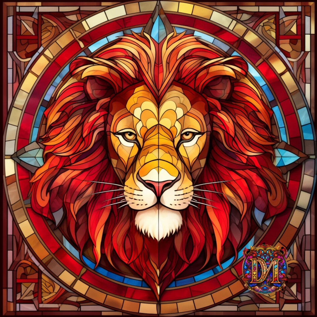 Impresión de arte digital: Signo del zodíaco Leo en vidrieras, archivo ...