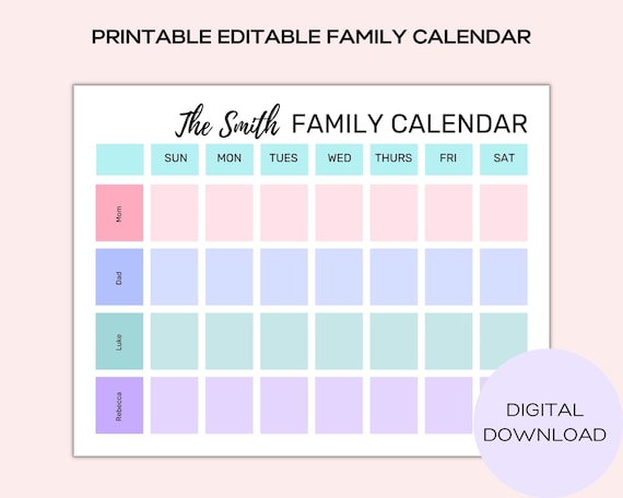 Editable Family Calendar Printable Family Schedule Kids - Etsy