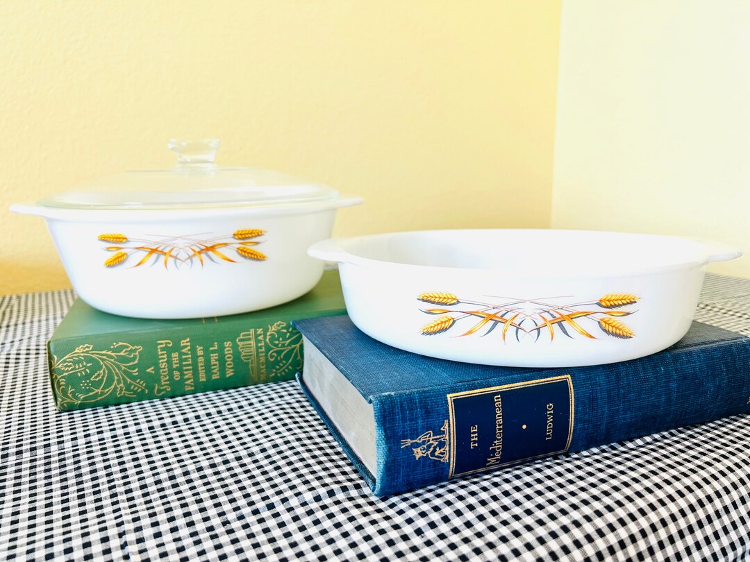 Two Vintage Fire King Milk Glass Golden Wheat Round Cake Pans/dishes ...