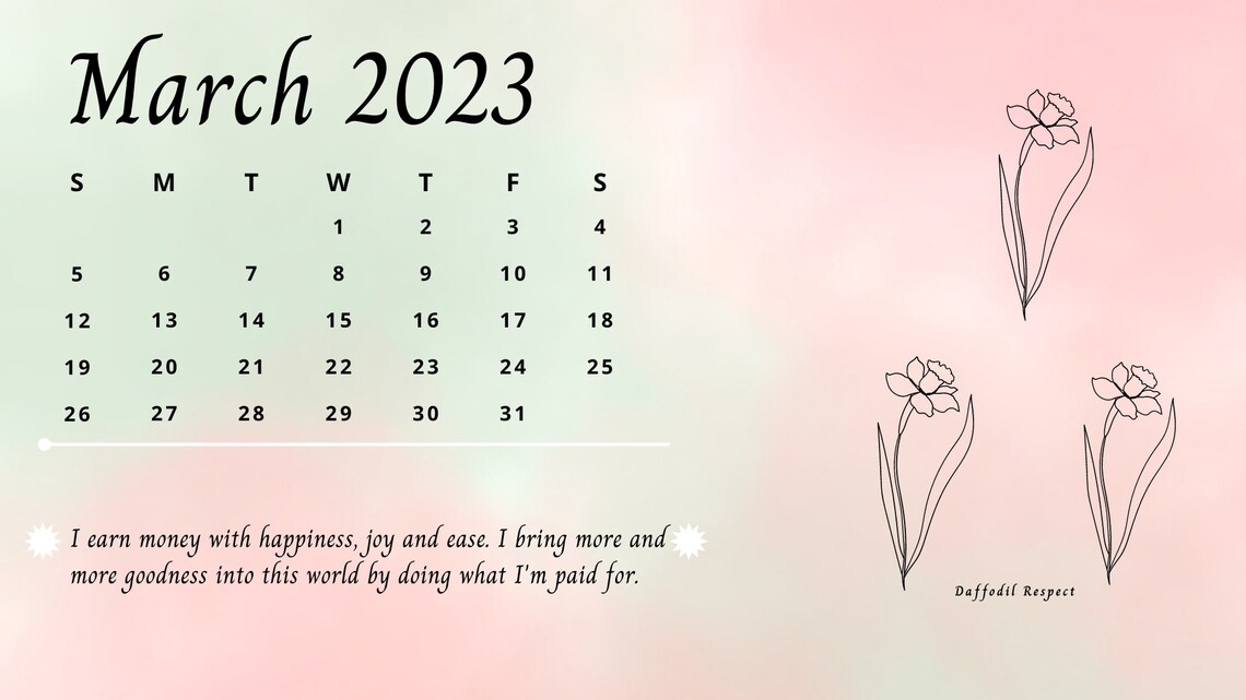March 2023 Digital Calendar, Positive Affirmations, Digital Calendar ...