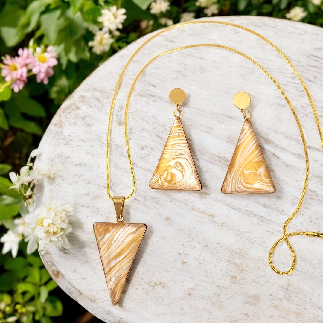 Gold and White Triangle Shaped Necklace and Earrings Jewelry Set With ...