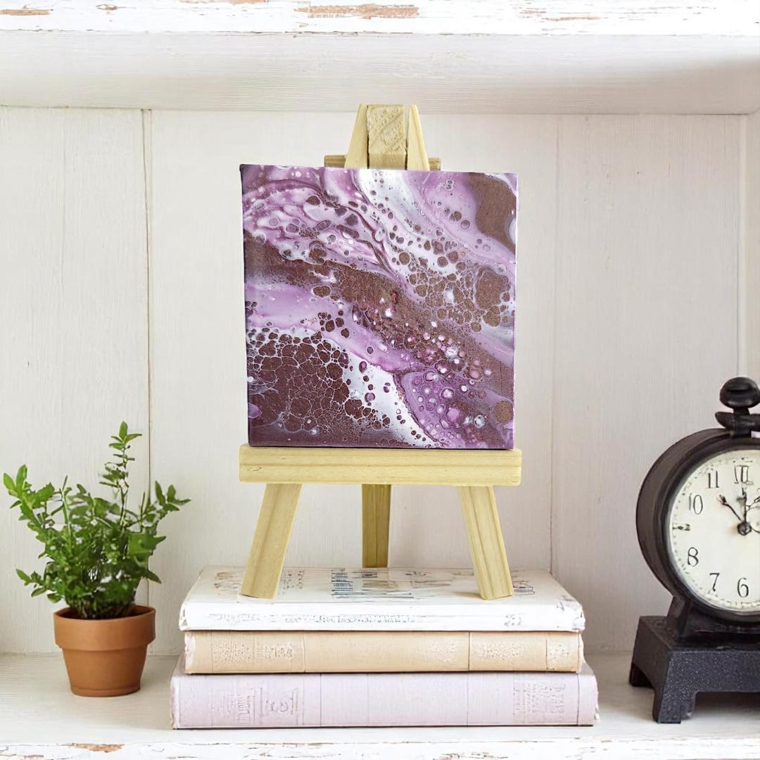 Mini 3" Deep Purple Painting With Wood Easel, Original Abstract Fluid ...