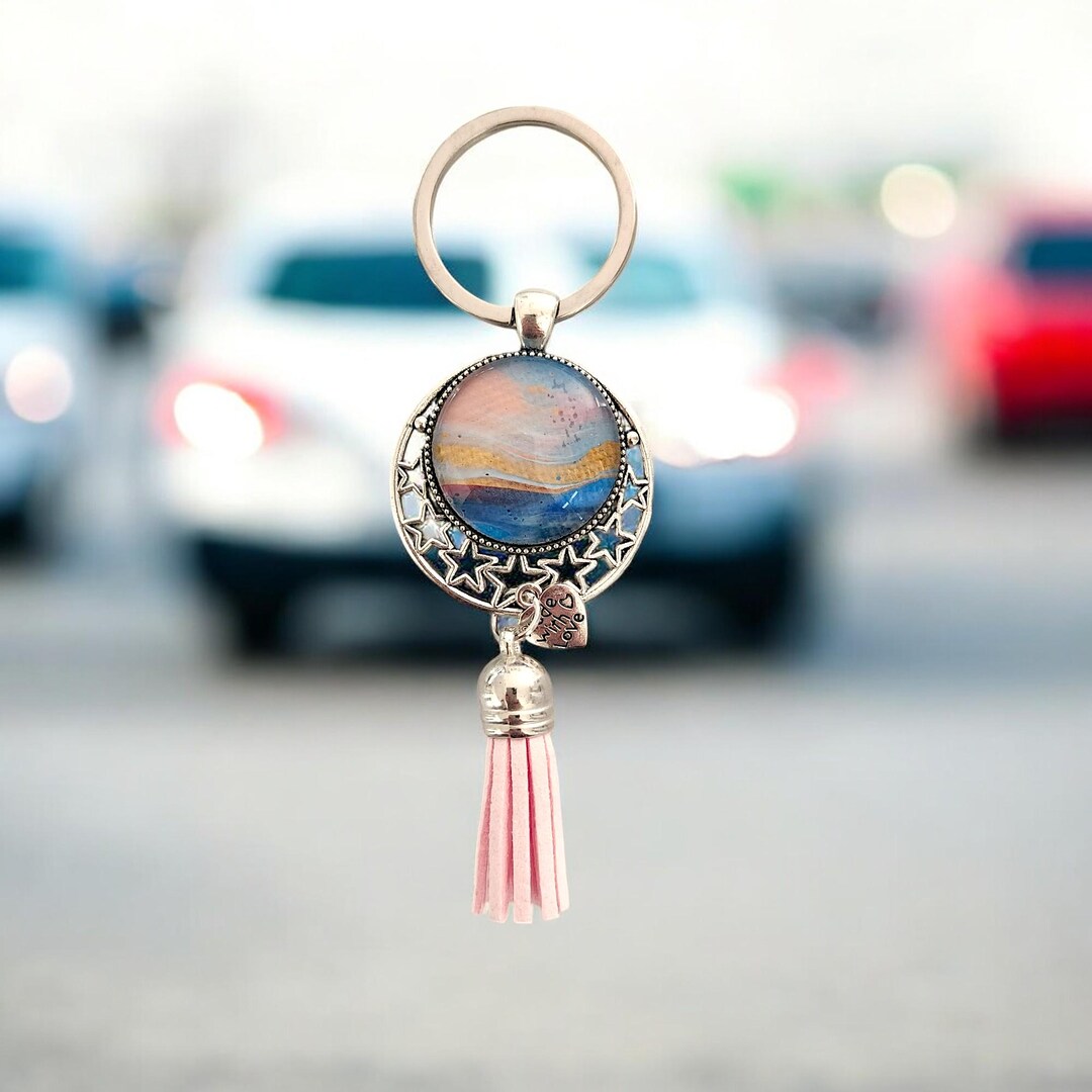 Key Ring With Purple Leather Tassel Accent, Moon & Stars Celestial ...