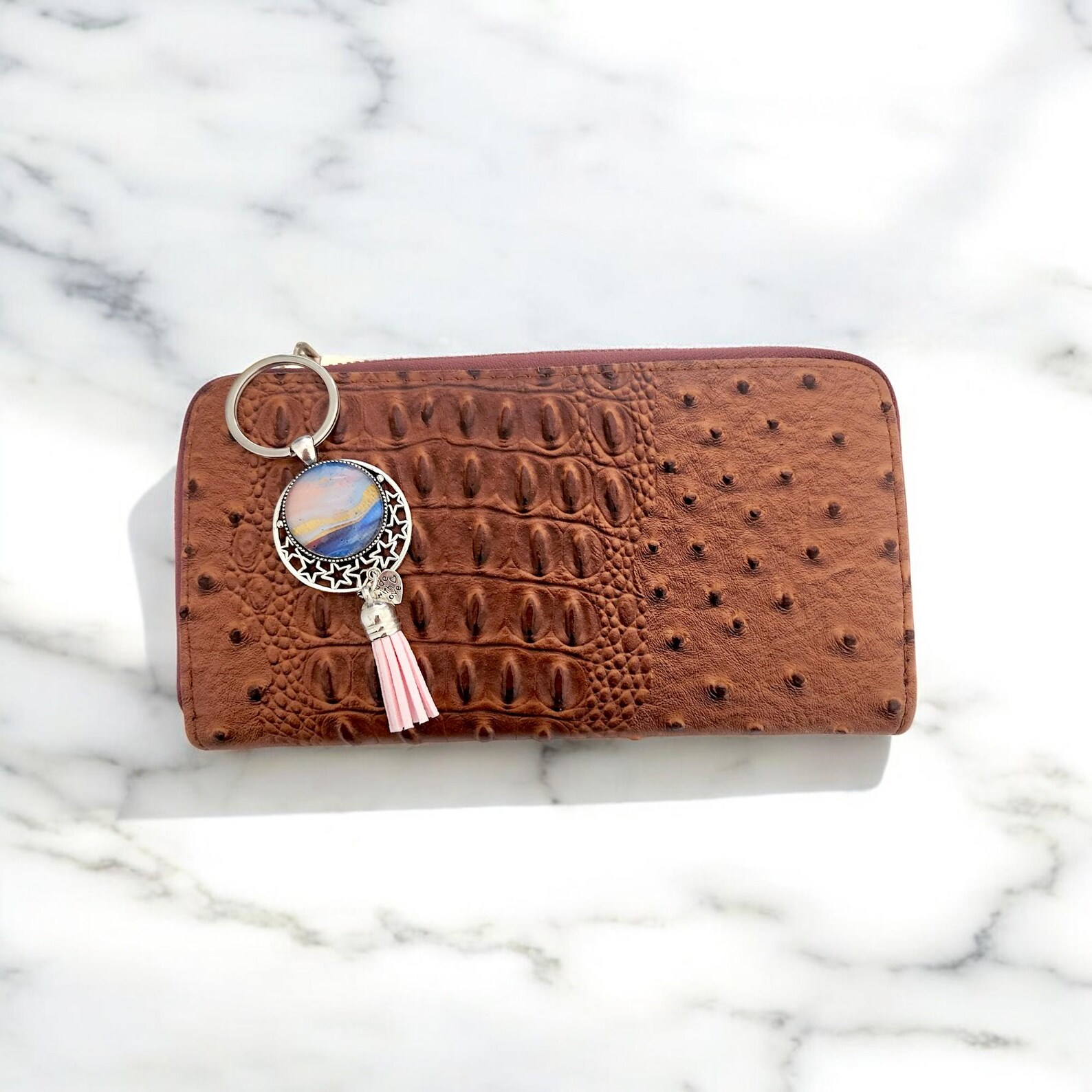 Key Ring With Purple Leather Tassel Accent, Moon & Stars Celestial ...