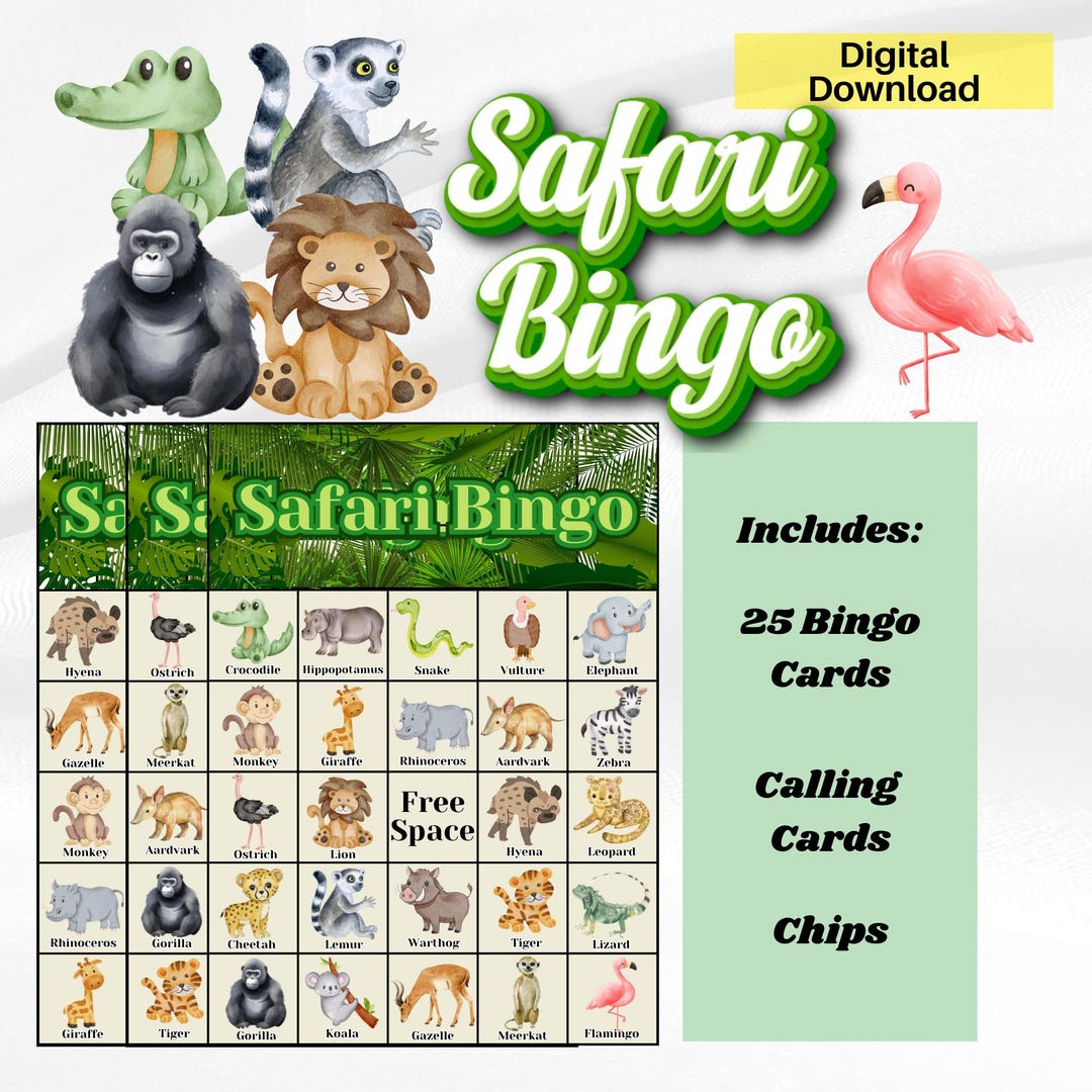 Safari Bingo, Safari Bingo Party Game, Safari Printable Bingo, Jungle ...