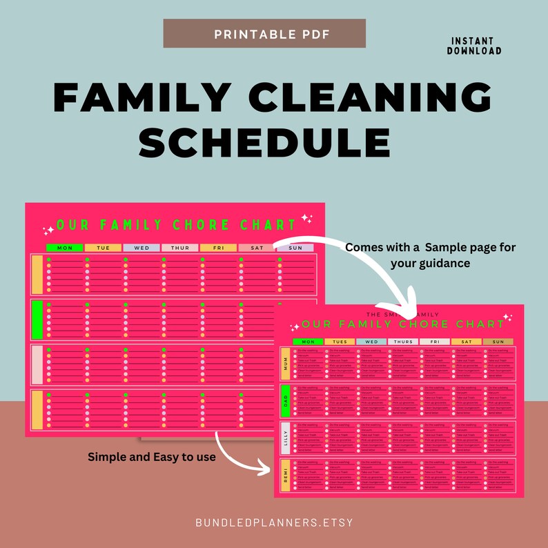 Family Chore Chart Planner Printable, Kids & Adult, Weekly Family ...