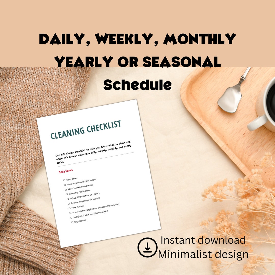 Minimalist Cleaning Checklist Printable , Daily Weekly Monthly and ...