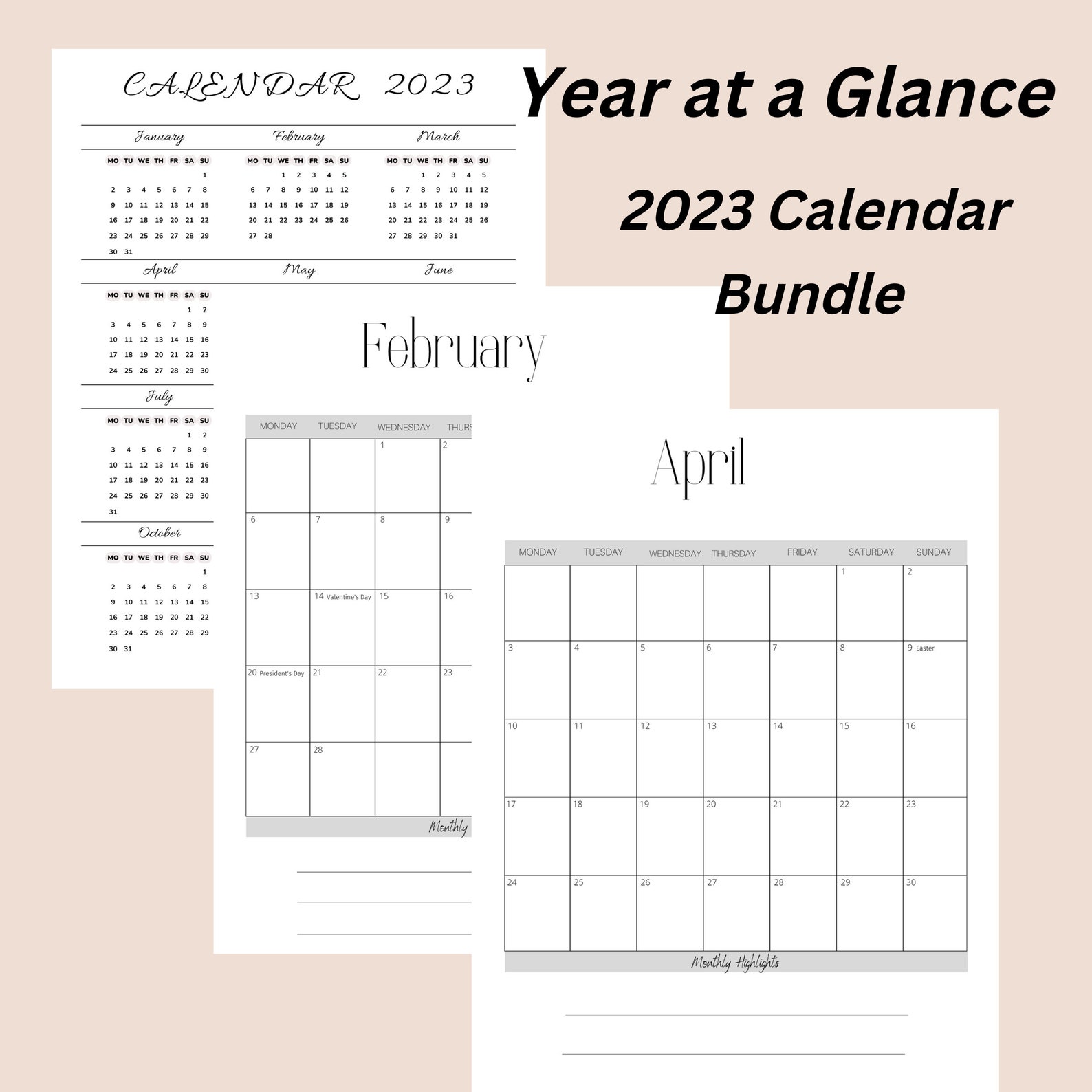 Minimalist Digital Calendar, 2023 Year Calendar Printable, Yearly Wall ...