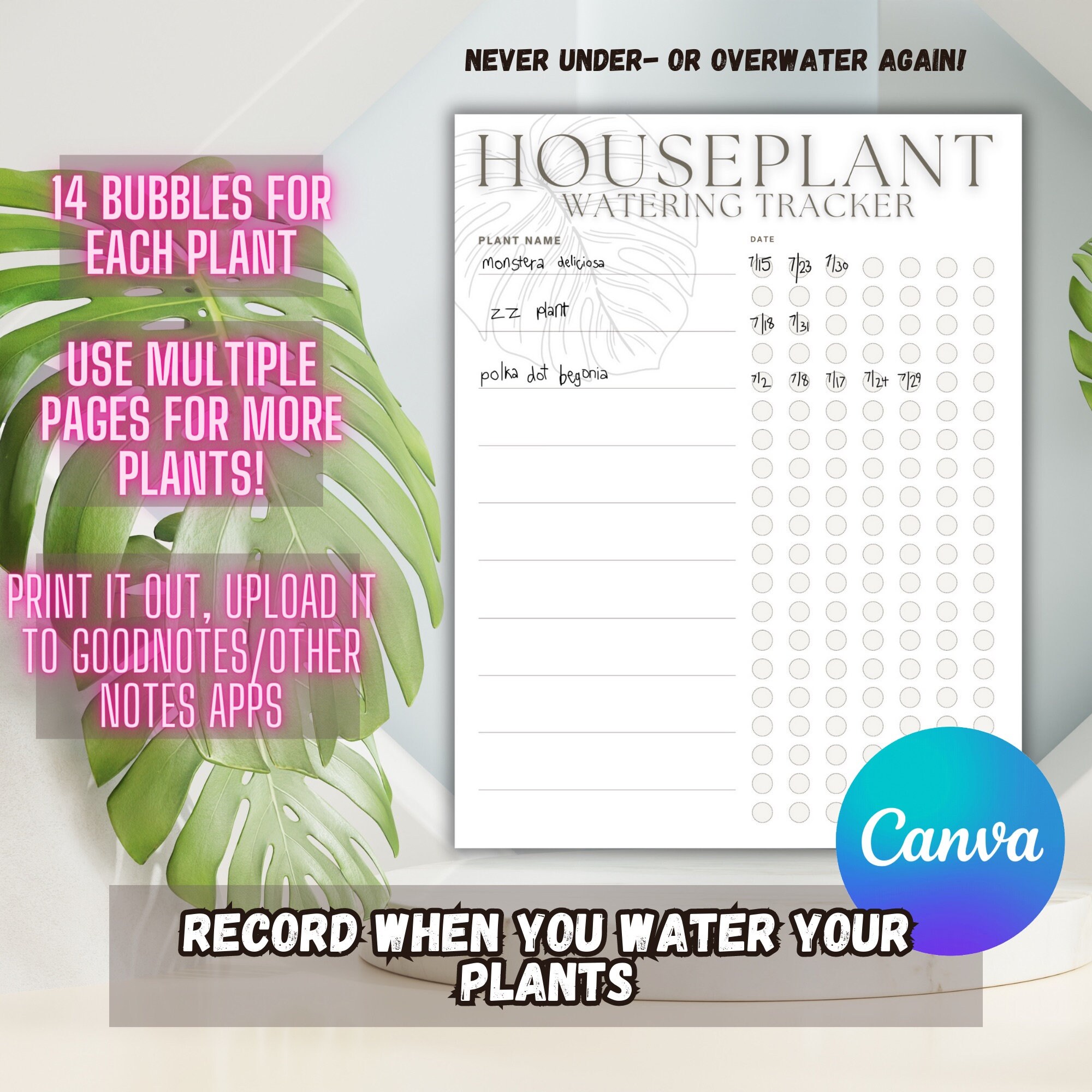 Houseplant Watering Tracker, Watering Planner Template, Watering ...
