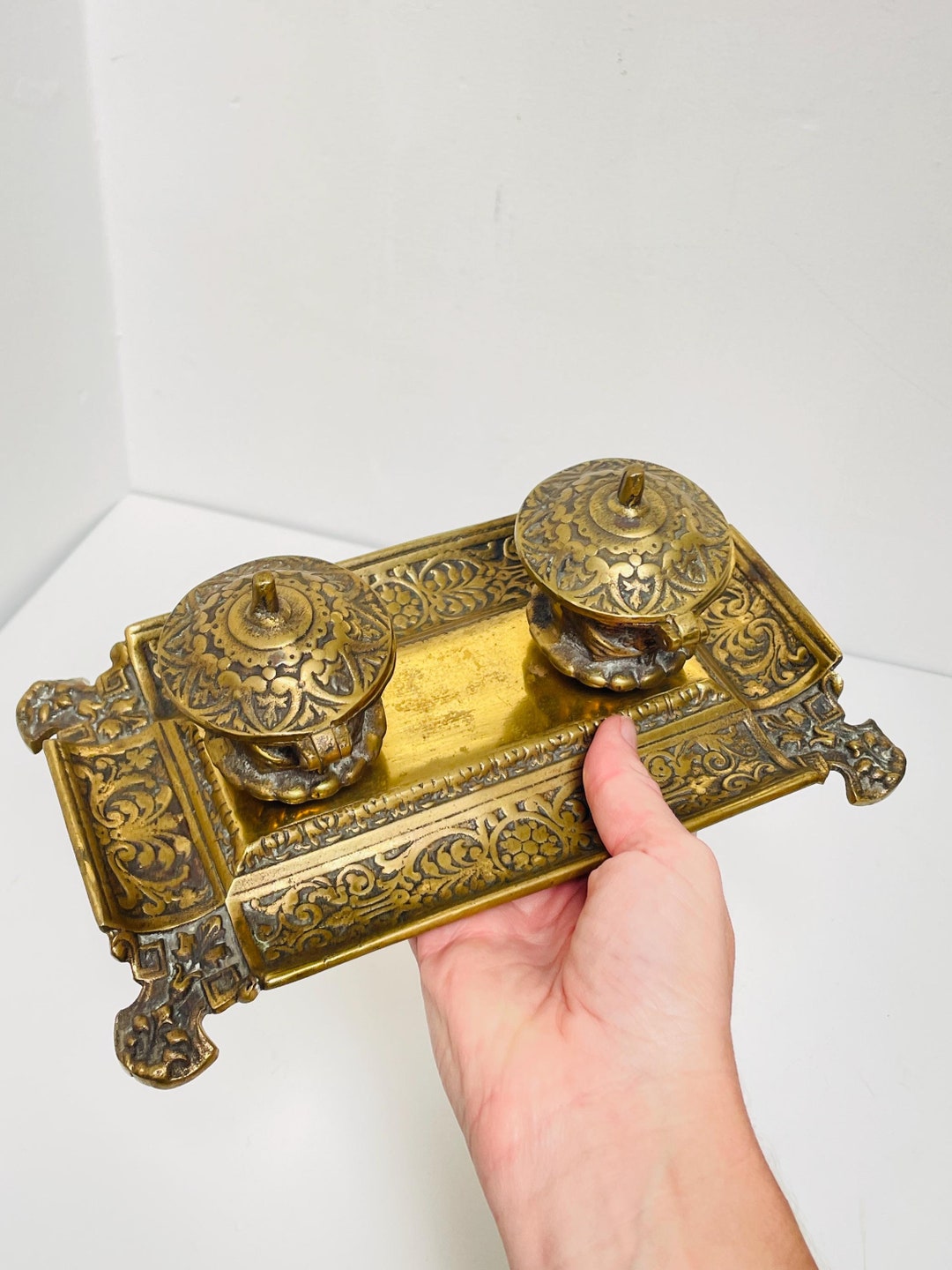 Vintage Brass Ornate Elaborate Inkwell Ink Holder - Tray Filigree Coat ...