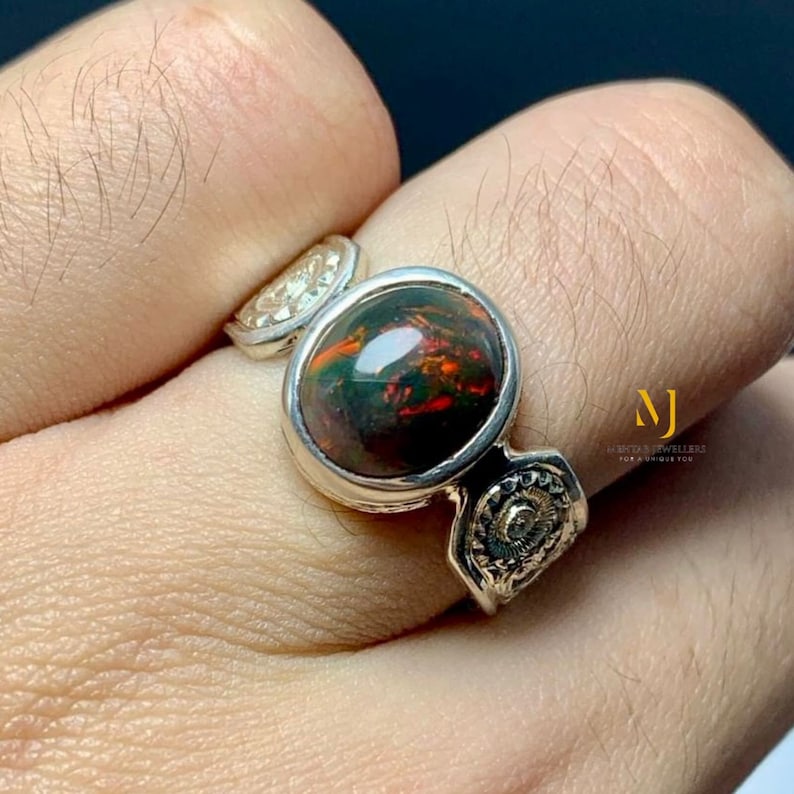 Black Opal Ring, Natural Ethiopian Black Opal Sterling Silver 925 Handmade Hand Engraved Ring ...