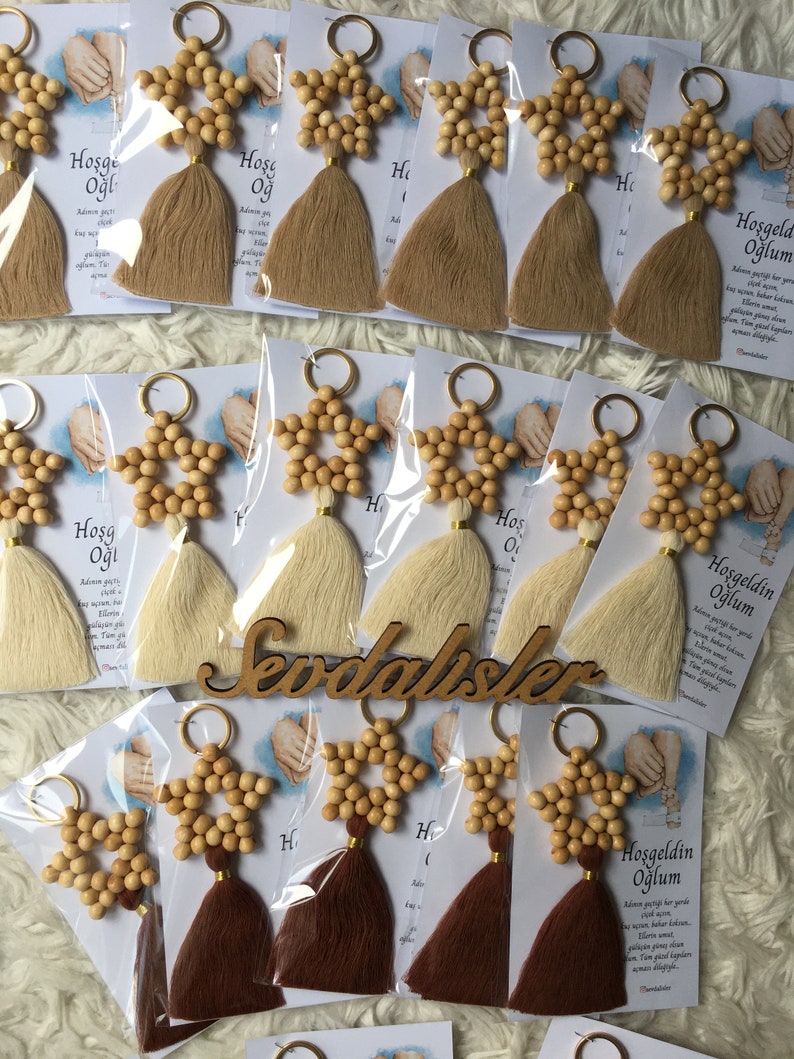 Wooden Bead Star Keychain for Guest, Bohemian Baby Shower Bulk Gift ...