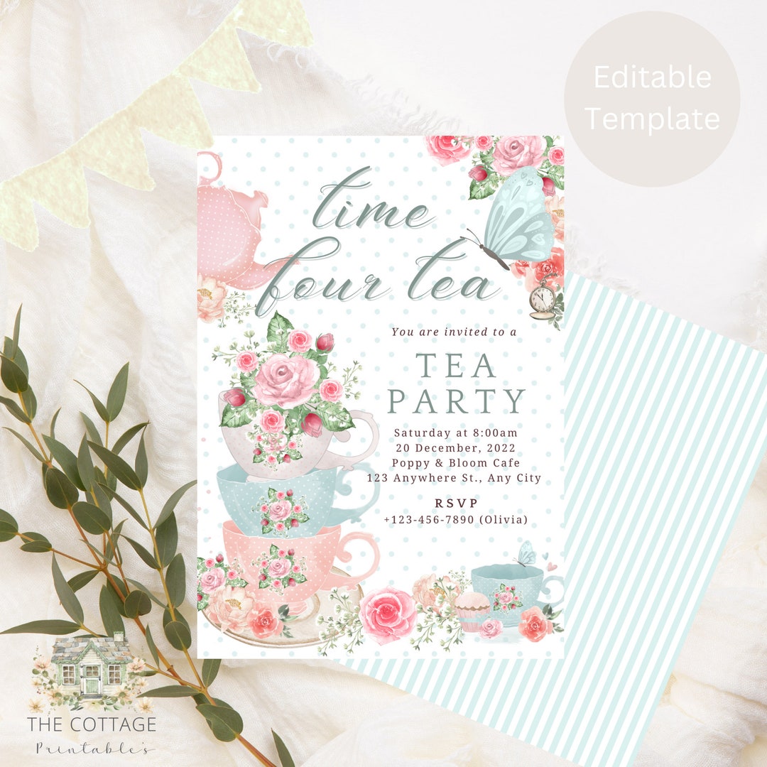Tea Party Invitation Girls Floral Editable 4th Tea Birthday Party ...