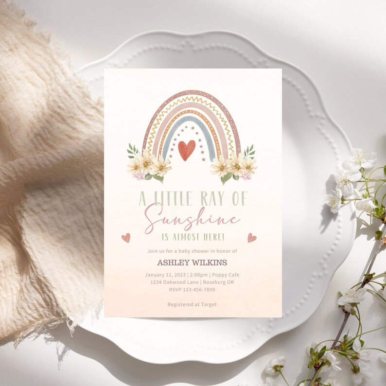 A Little Ray of Sunshine is on the Way Baby Shower Invitation, Rainbow ...