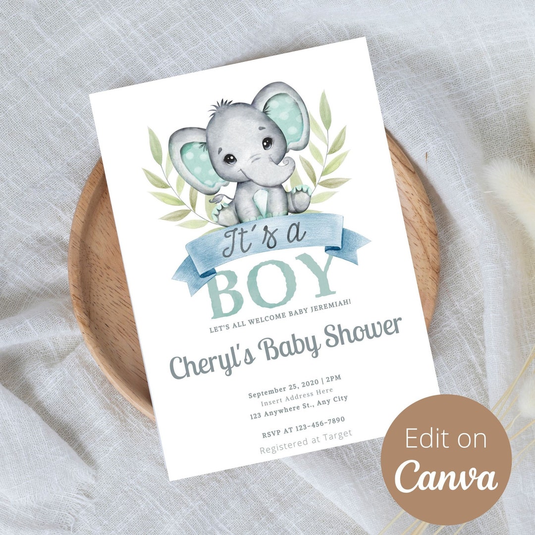 Elephant Baby Shower Invitation Template, Watercolor Baby Elephant ...
