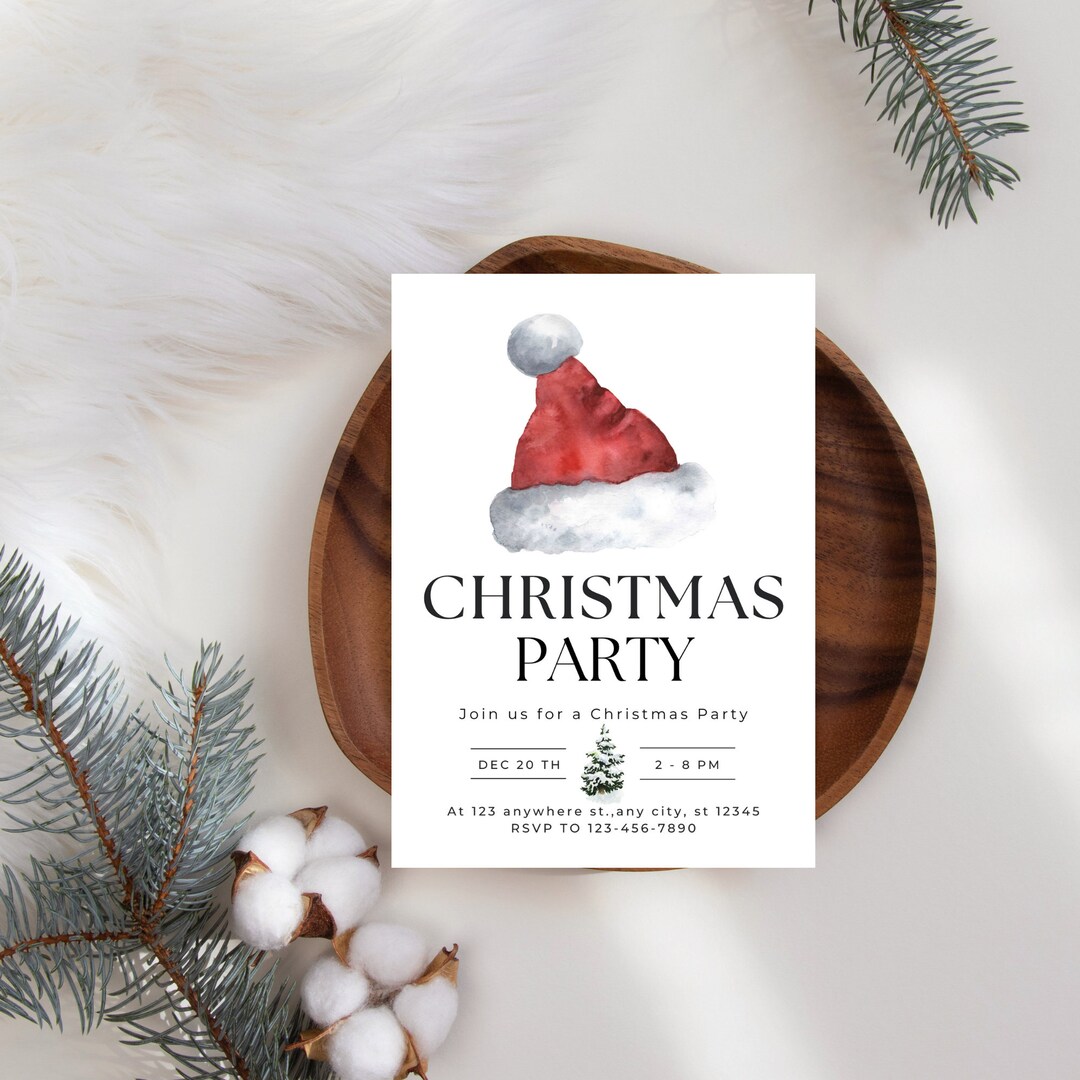 Santa Hat Christmas Party Invitation, Printable Christmas Invitation ...