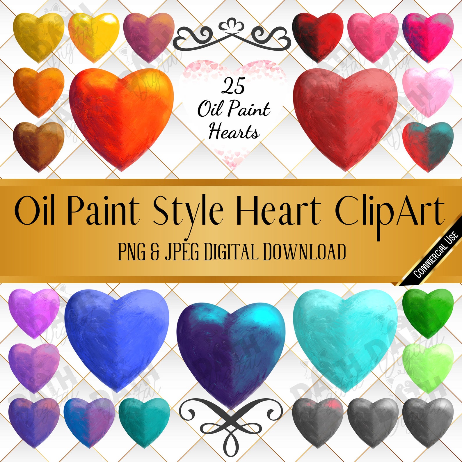Oil Paint Style Heart Clipart Bundle, PNG & JPEG Digital Download ...