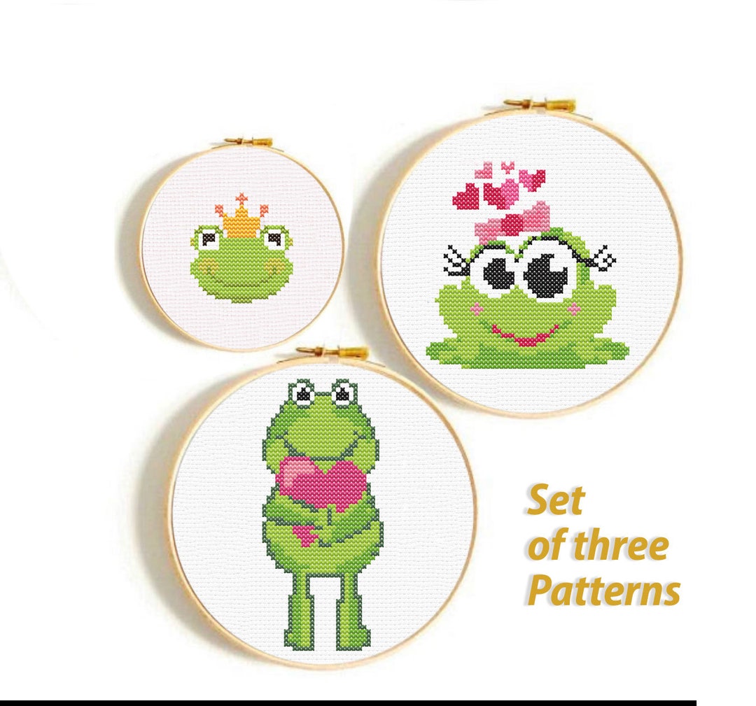Cross Stitch Set of 3 Frogs PDF Pattern, Kawaii Cute Frog Embroidery ...