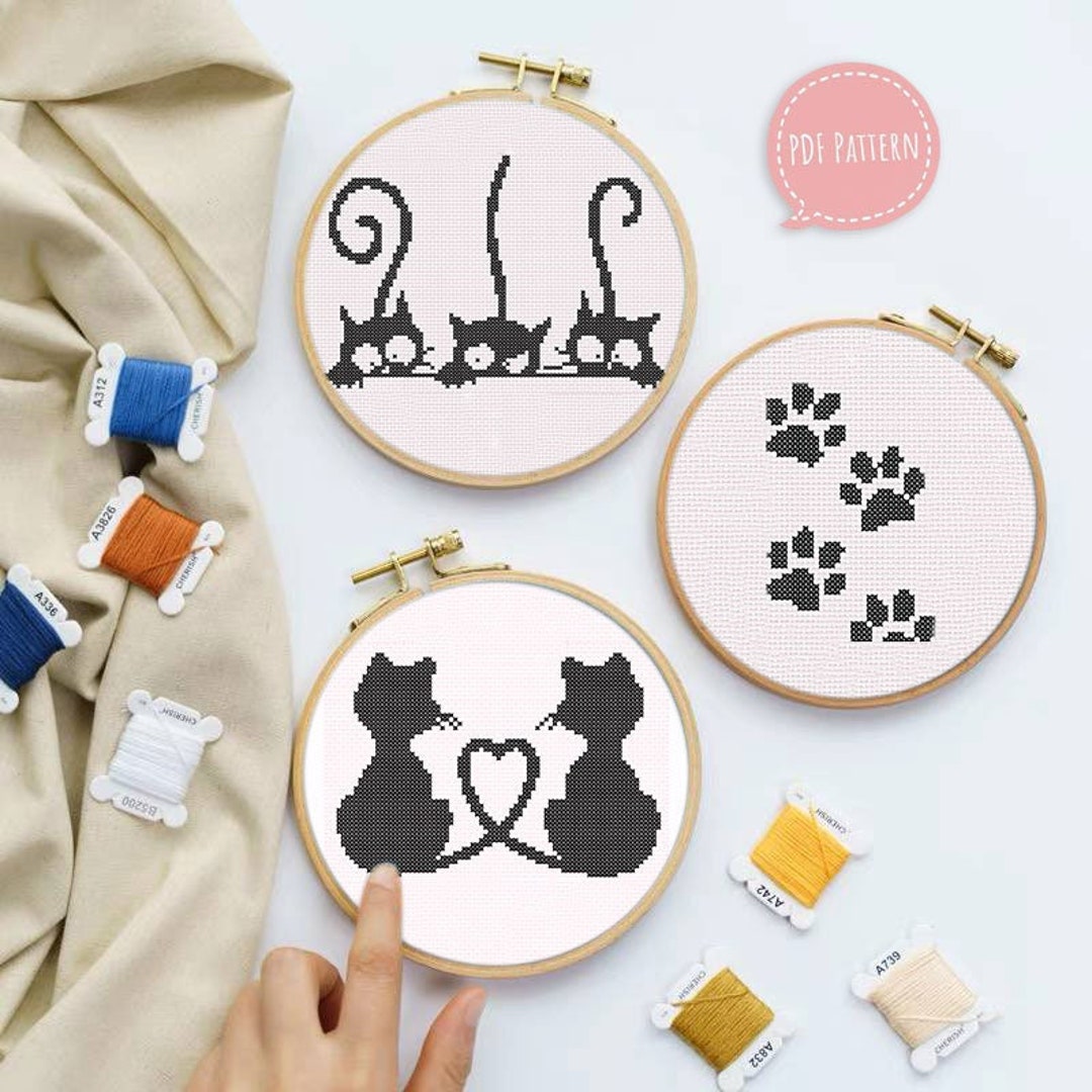 Black Cats Cross Stitch Pattern PDF Set of 3 Cute Kawaii Easy ...