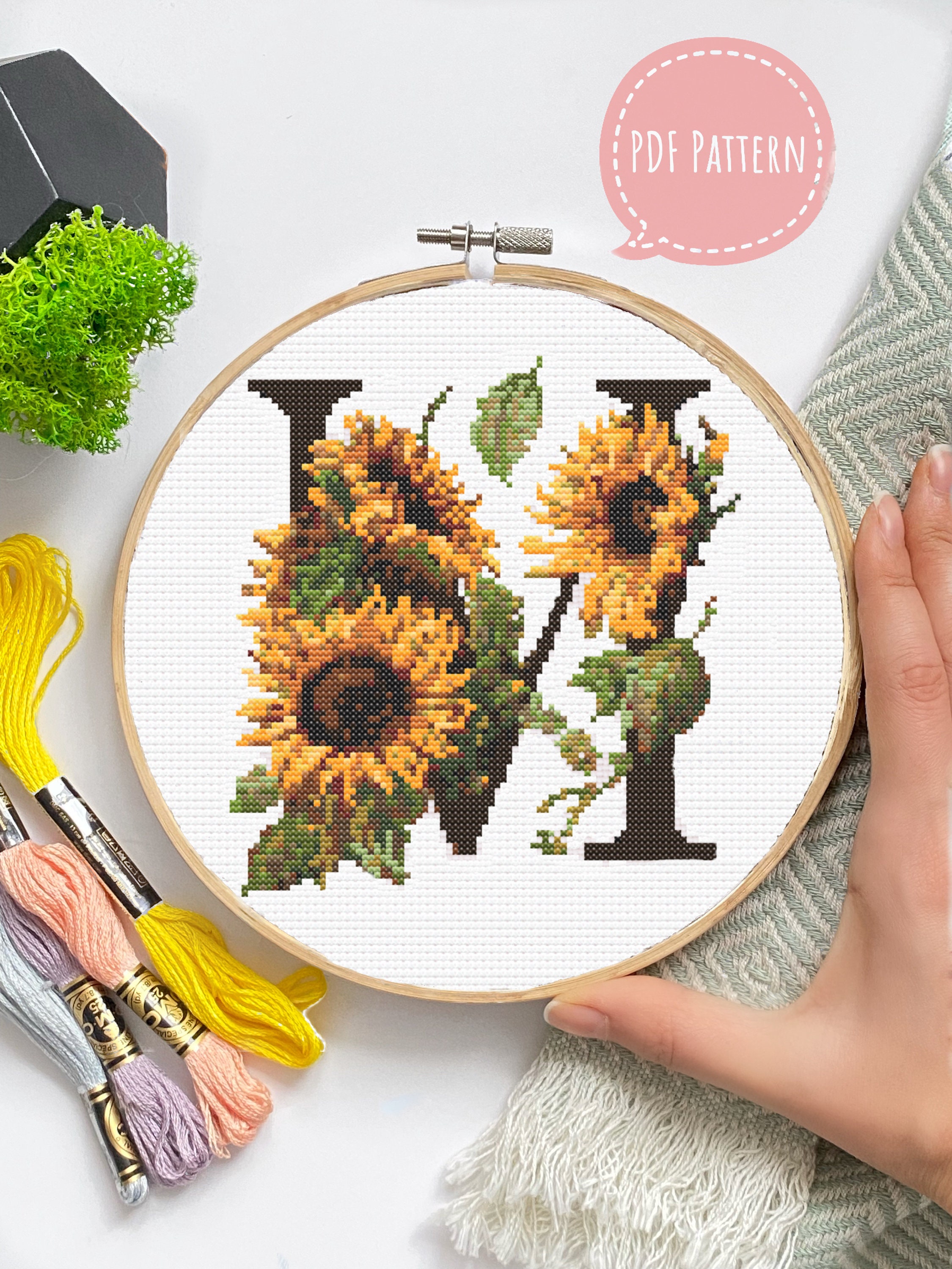 Alphabet Cross Stitch PDF Pattern Letter M, Sunflower Modern Embroidery ...