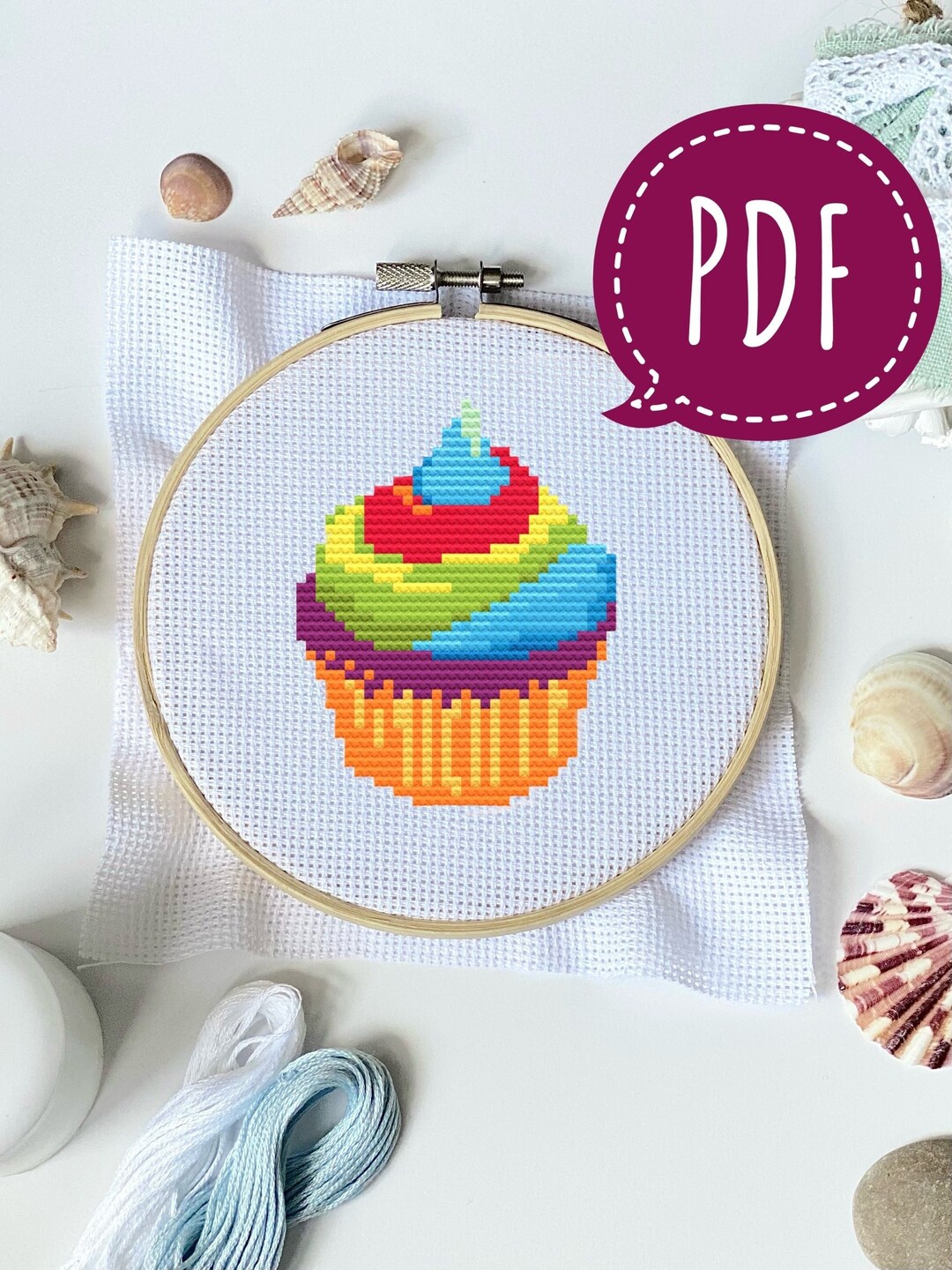 Cake Cross Stitch Pattern PDF, Rainbow Cupcake Mini Cross Stitch, Baking Embroidery Pattern ...