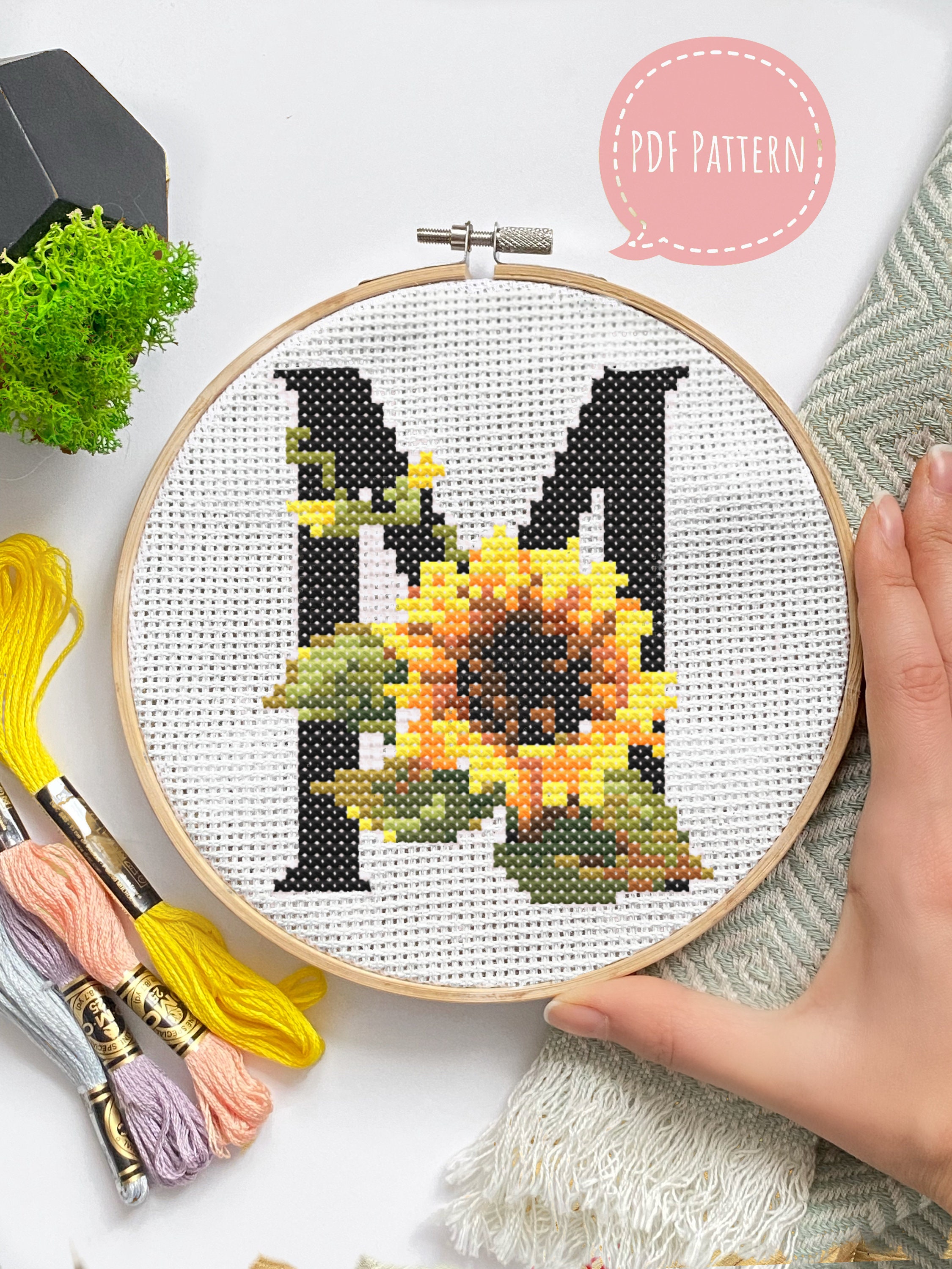 Letter M Cross Stitch PDF Pattern, Sunflower Modern Embroidery ...