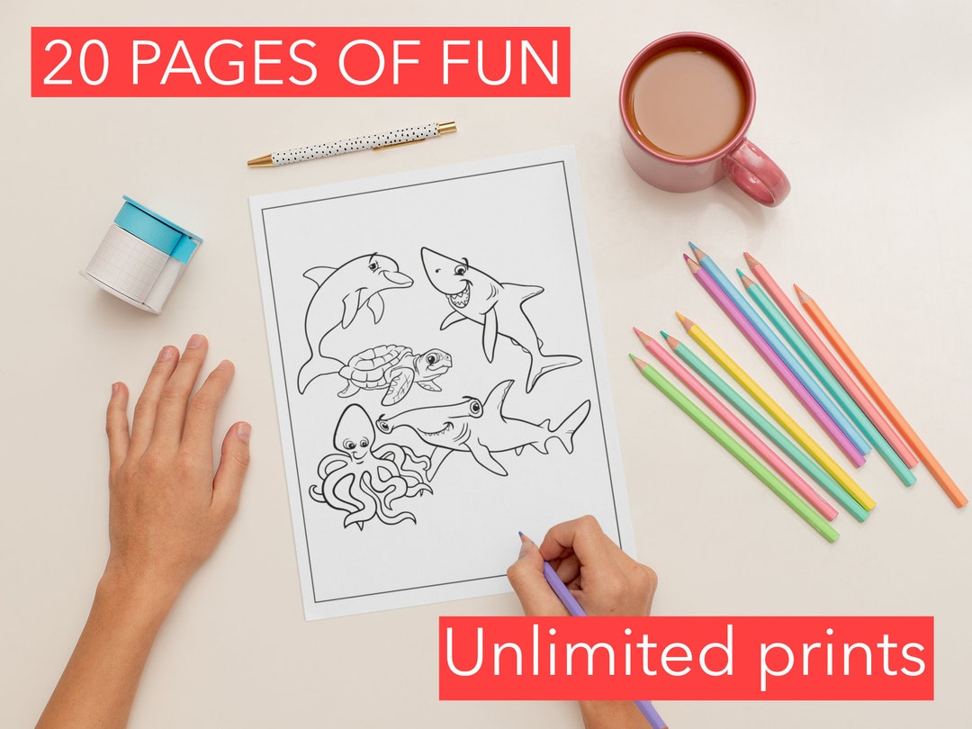 Shark Themed Coloring Pages EASILY DOWNLOAD PDF Printable - Etsy