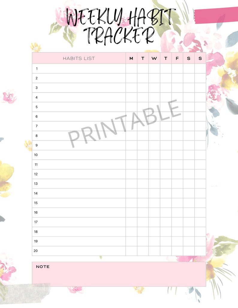 Weekly Habit Tracker Printable Pink Flower Design - Etsy Israel