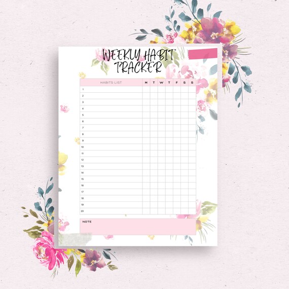 Weekly Habit Tracker Printable Pink Flower Design - Etsy