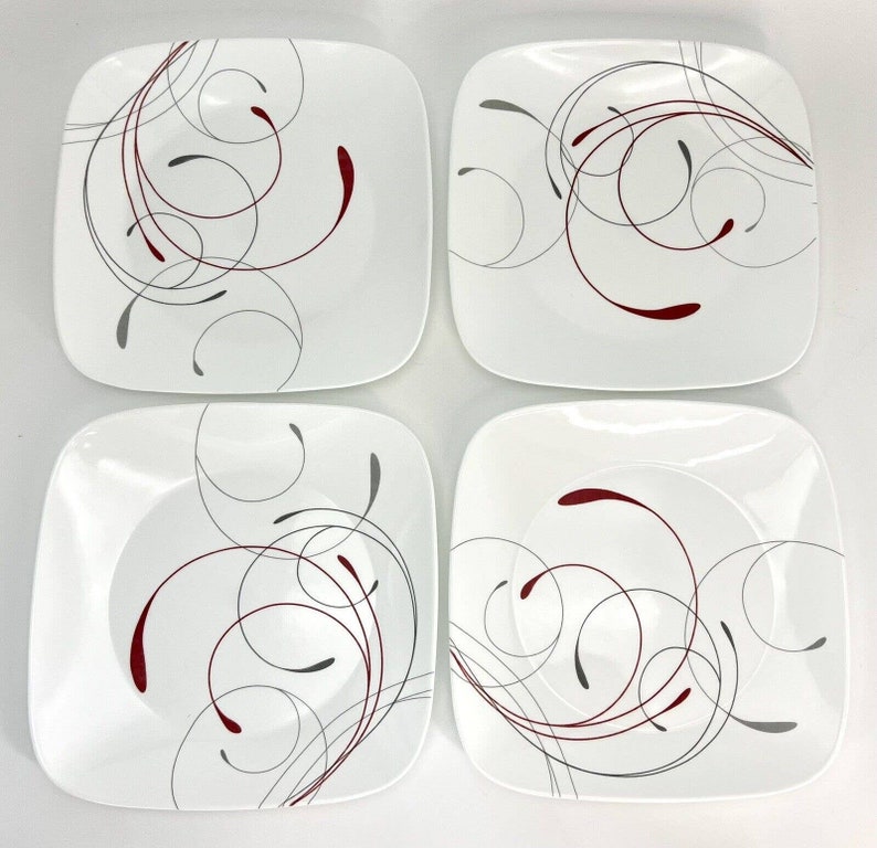 CORELLE Splendor Vitrelle Square Dinner & Salad Plates White Red Gray ...