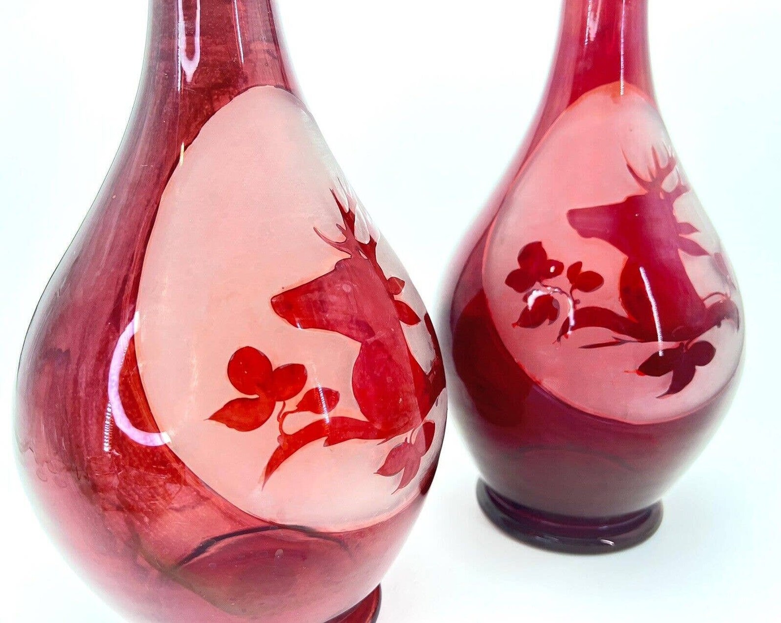 Vintage Ruby Red Flashed Glass Vase Etched Roses Bohemian - Etsy