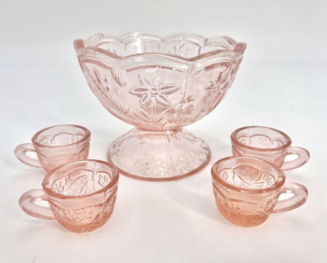 Vintage Inverted Strawberry Pink Glass Miniature Punch Bowl 5pc Set - Etsy