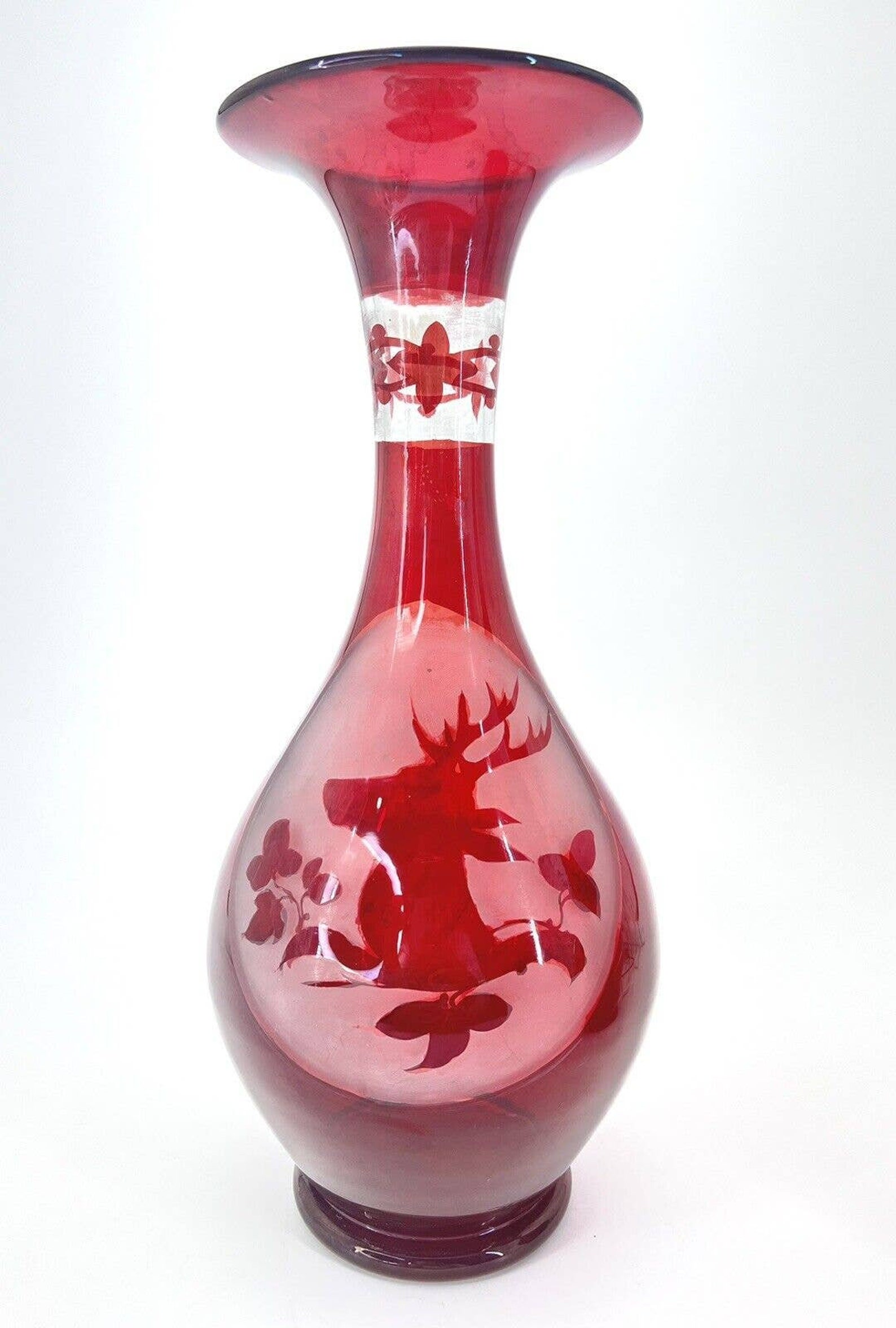 Vintage Ruby Red Flashed Glass Vase Etched Roses Bohemian - Etsy